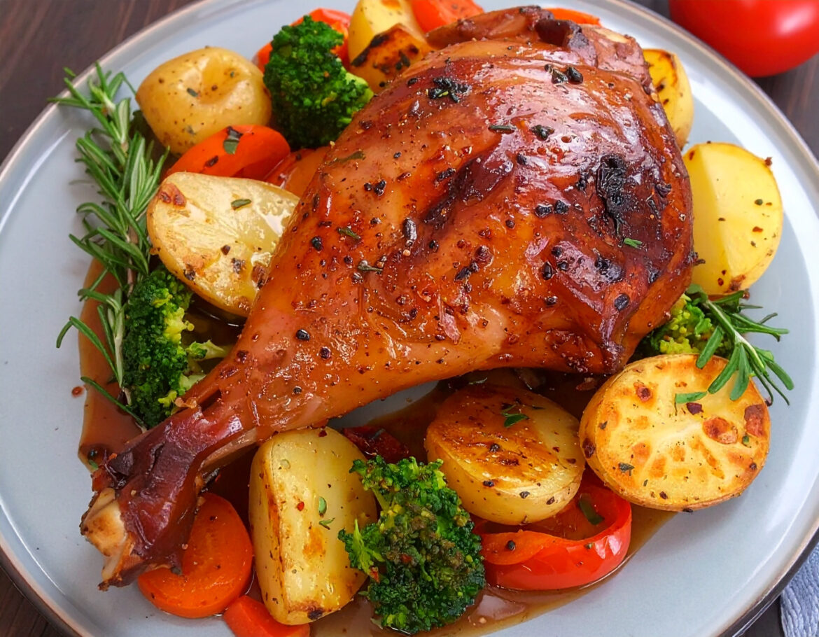 Krůtí stehna pečená s bramborami a zeleninou v jednom pekáči - Cooky.cz