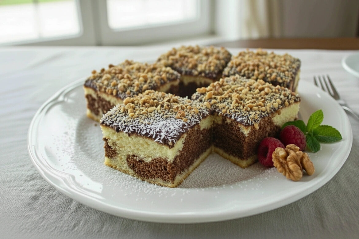 Hrnková mramorová bábovka na plech: Buchta s kokosem, ořechy a rumovými rozinkami, kterou ráda ...