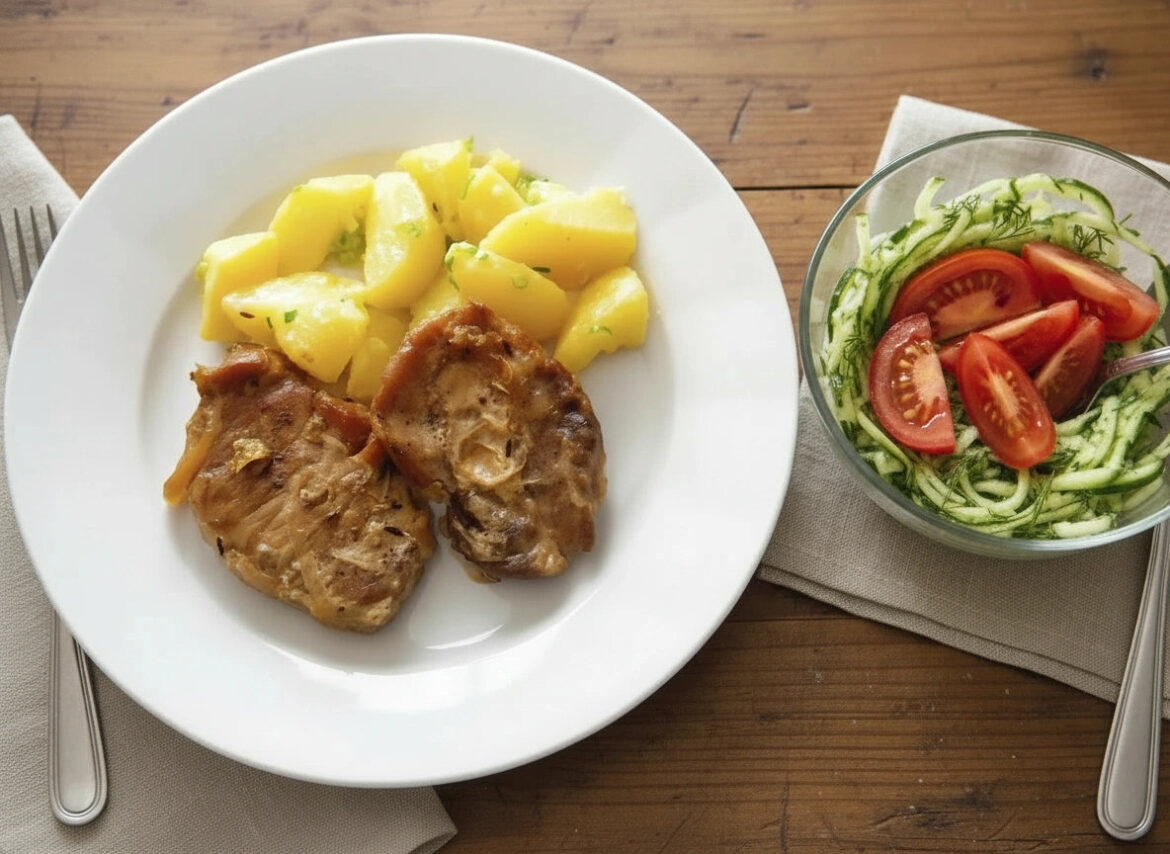 Vepřová kotleta na hromadě česneku s máslovými bramborami - Cooky.cz